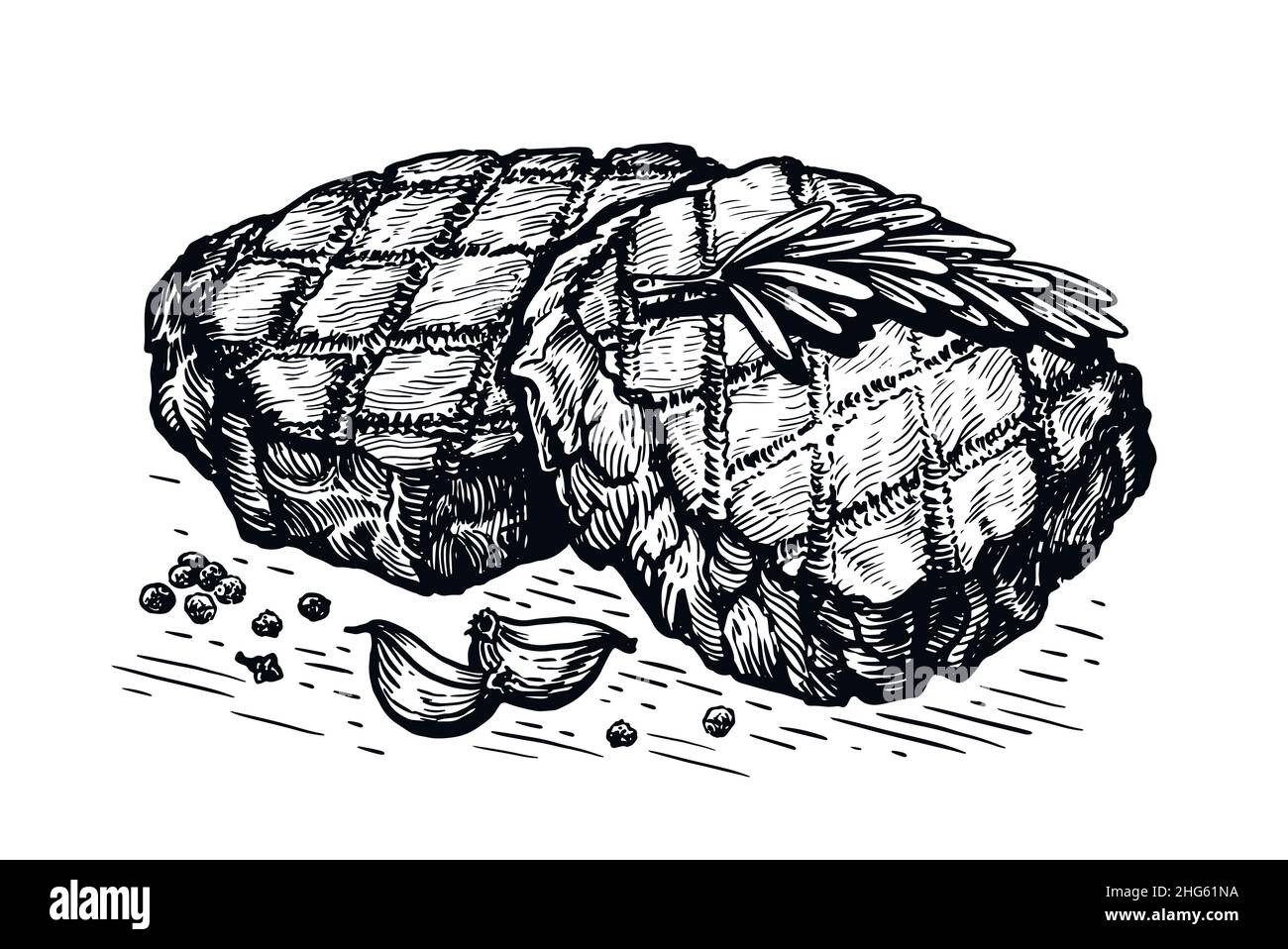 Sketch hand drawn grilled steak with pepper and garlic. Barbecue ...