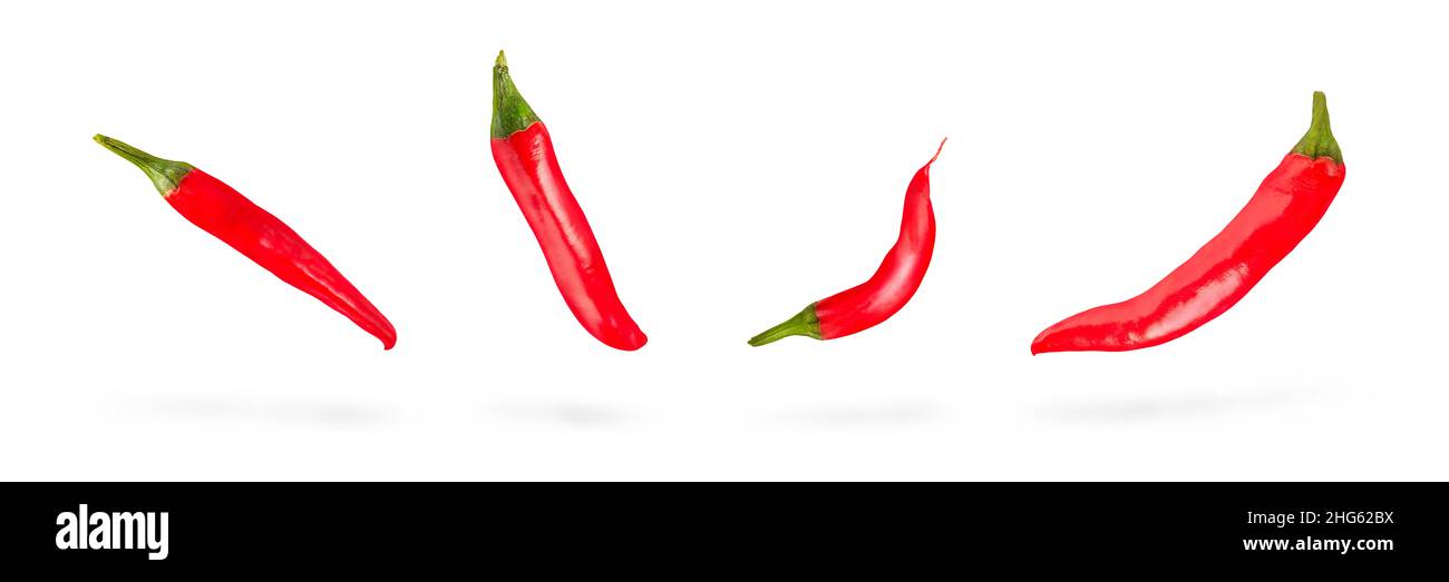 Set of red hot chili peppers. Falls, casting a shadow on a white ...