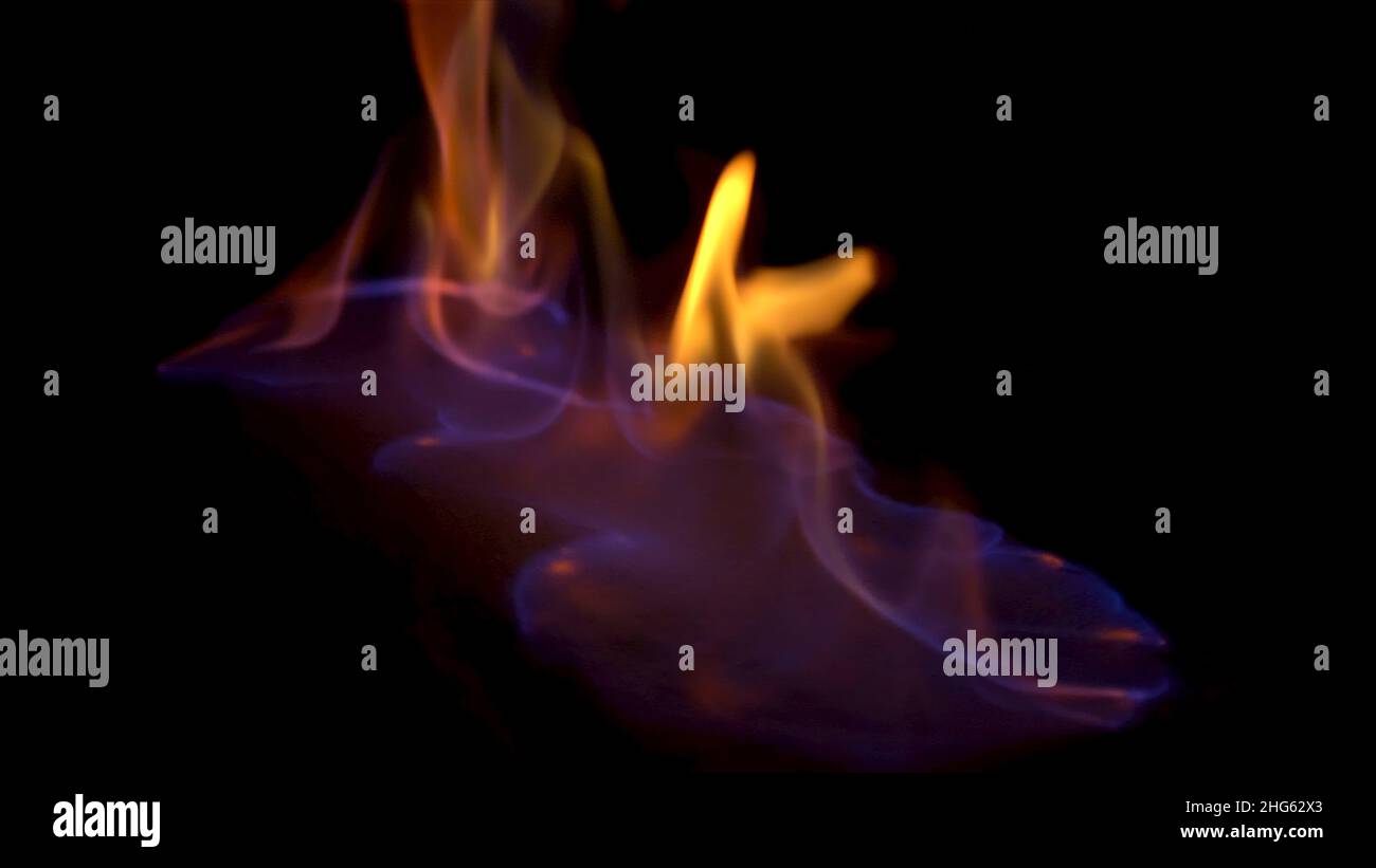 Close up horizontal view for blue and red burning fire, isolated on ...