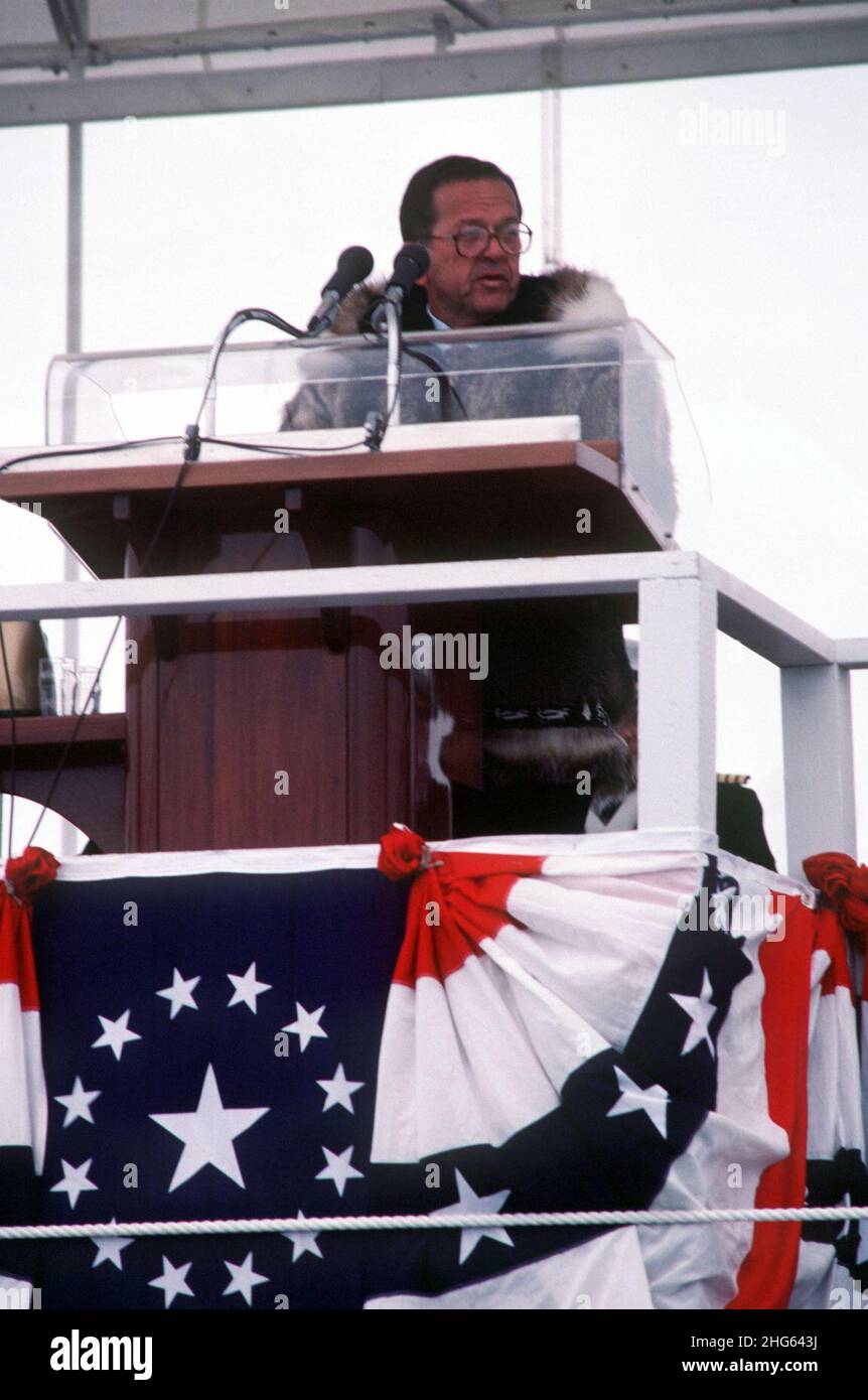Senator Ted Stevens speaks during the commissioning of the nuclear ...