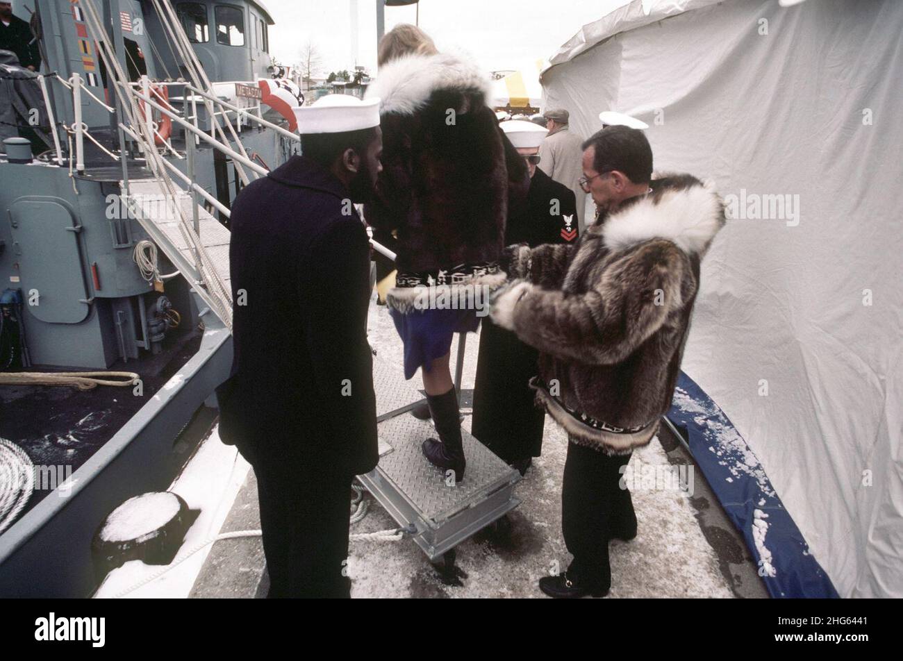 Senator Ted Stevens and his wife, Catherine, board a tug after the ...