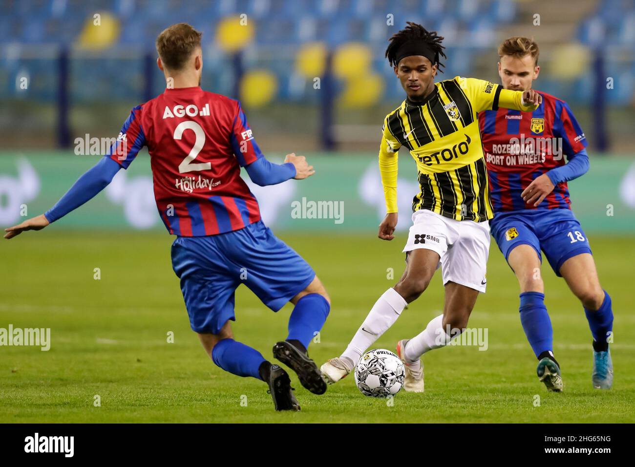 ARNHEM, NETHERLANDS - JANUARY 18: Tim van de Berg of DVS '33 challenges ...