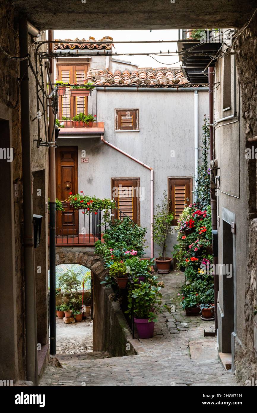 Rural houses and narrow streets in the medieval village Geraci Siculo ...