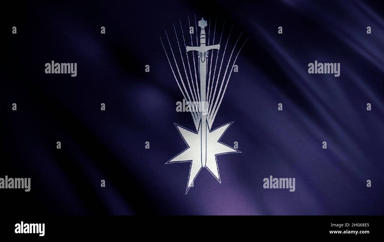 Fluttering flag with white falling star and a sword on dark purple ...
