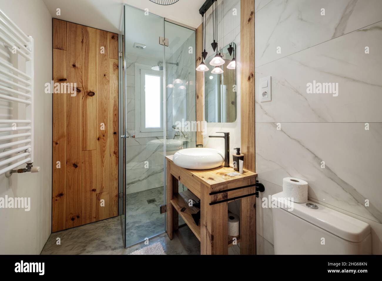 Contemporary decorated toilet with pine wood washbasin cabinet and ...