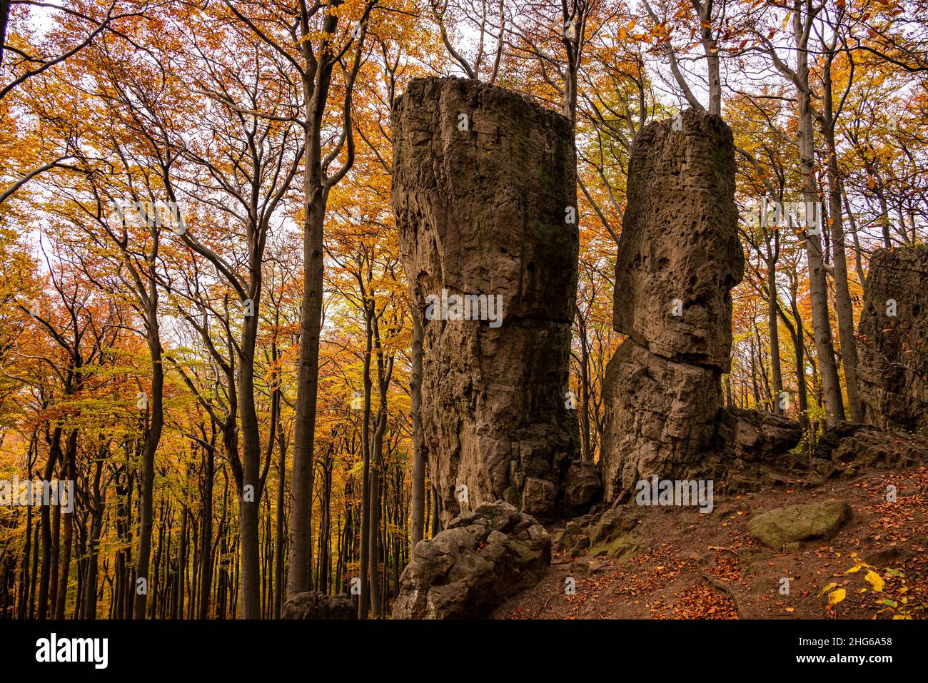 Rock formation “Adam & Eva” on the Ith Ridge in autumn, a well-known ...