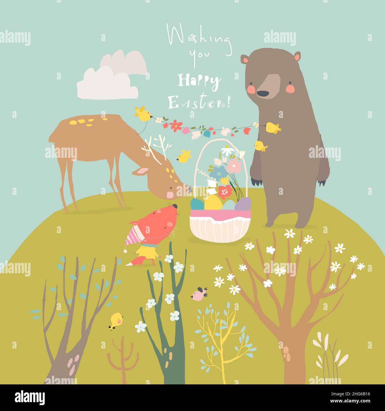 Cute Cartoon Animals celebrating Easter in the Spring Forest Stock ...