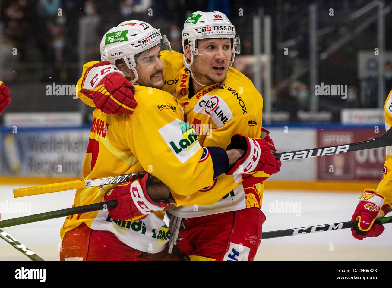 Zug, Switzerland, January 18th, 2022, #77 Robin Grossmann (Biel) cheers ...