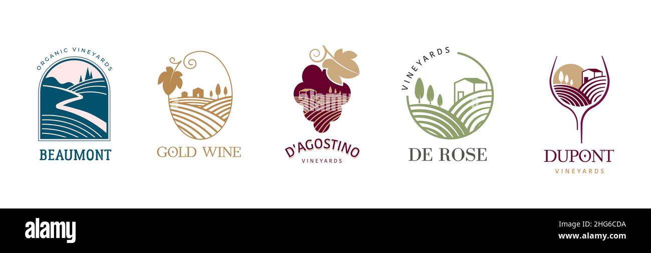 Wine, vineyard, organic natural winery logo collection. Vineyard field ...