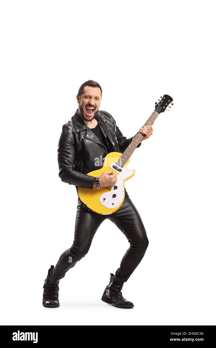 Rock star playing an electric guitar and singing isolated on white ...