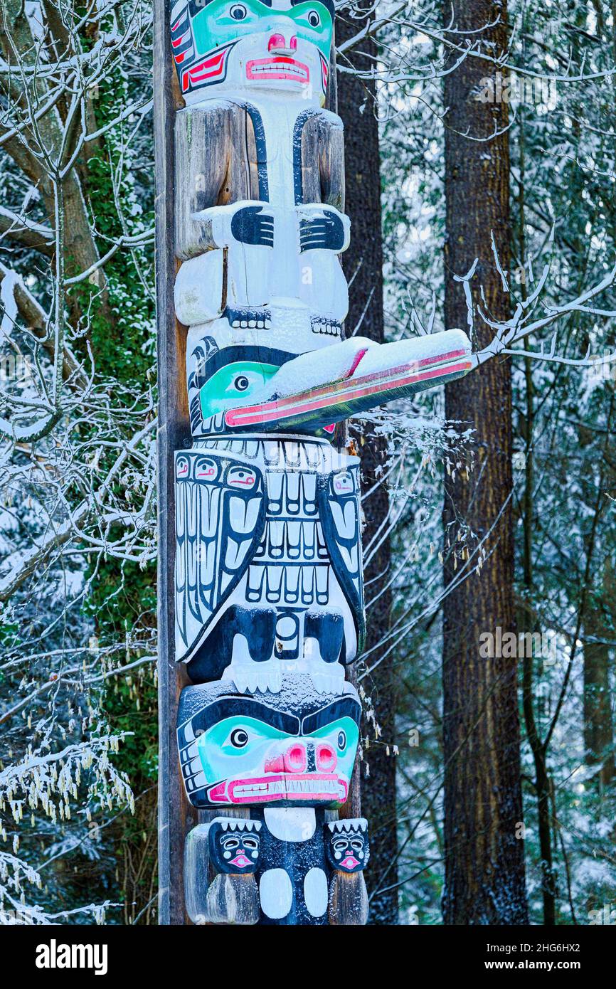 Stanley park vancouver totem poles winter snow british columbia hi-res ...