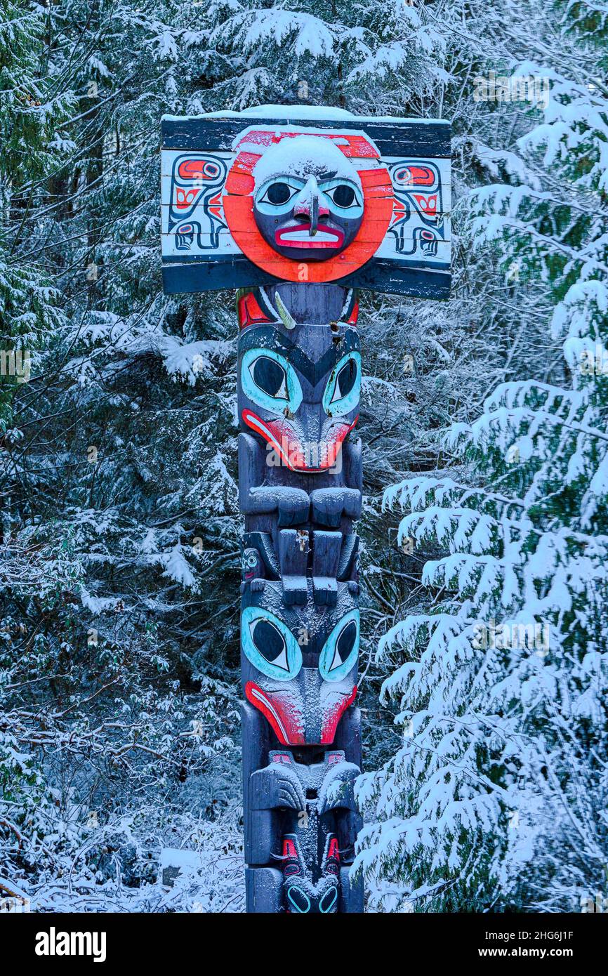 Stanley park vancouver totem poles winter snow british columbia hi-res ...