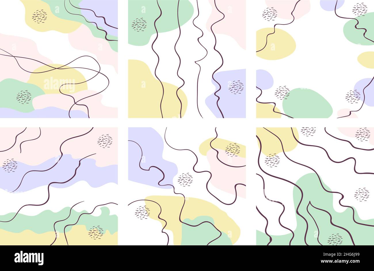 Set of abstract square background in pastel colors with curved lines ...