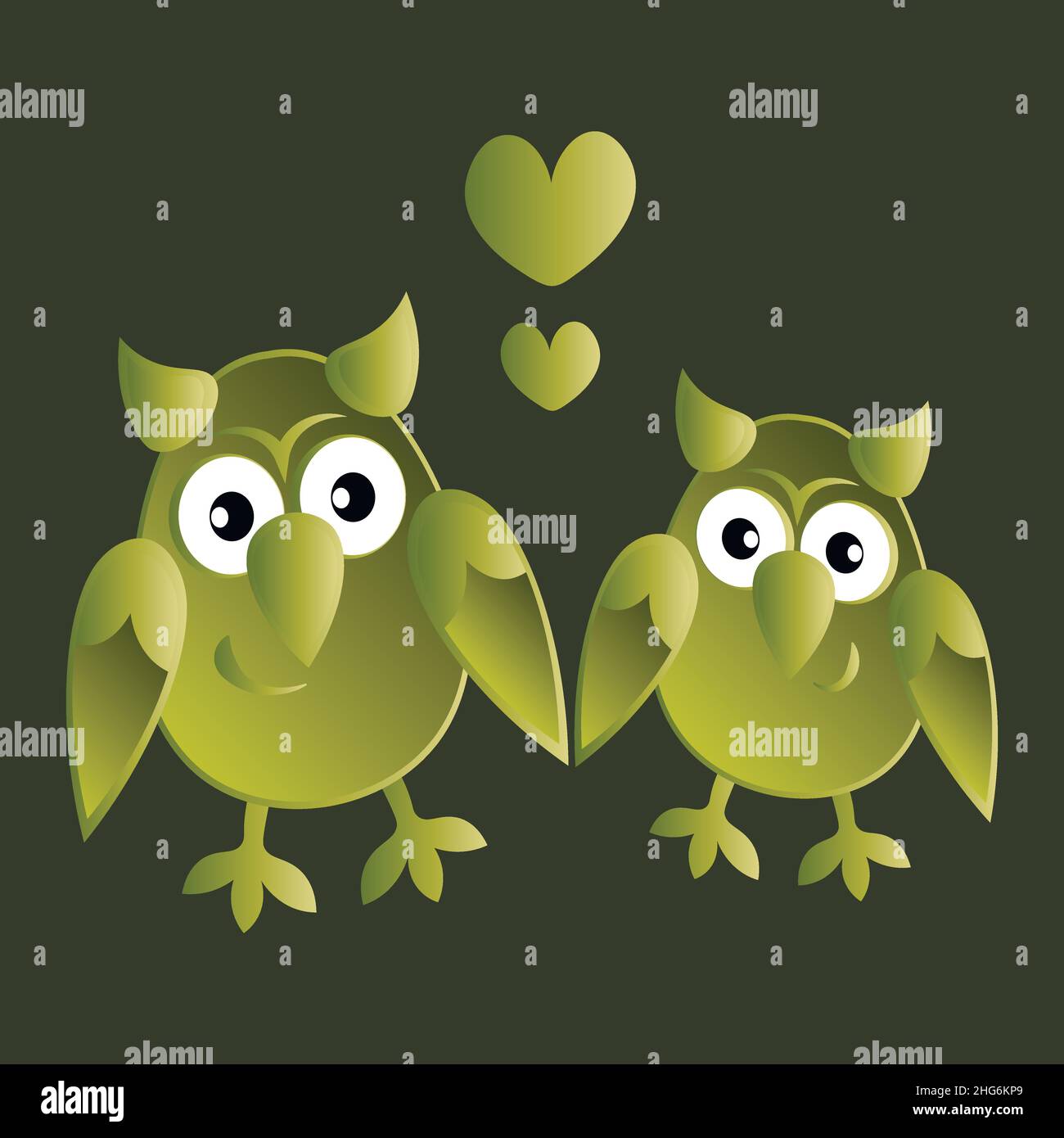 Illustration on a square background - two owls in love with hearts ...