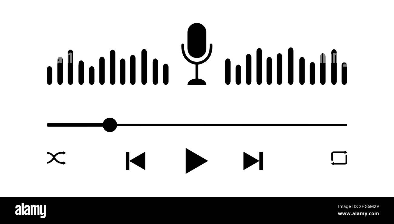 Podcast player interface with microphone, sound wave, loading progress bar and buttons. Audio ...