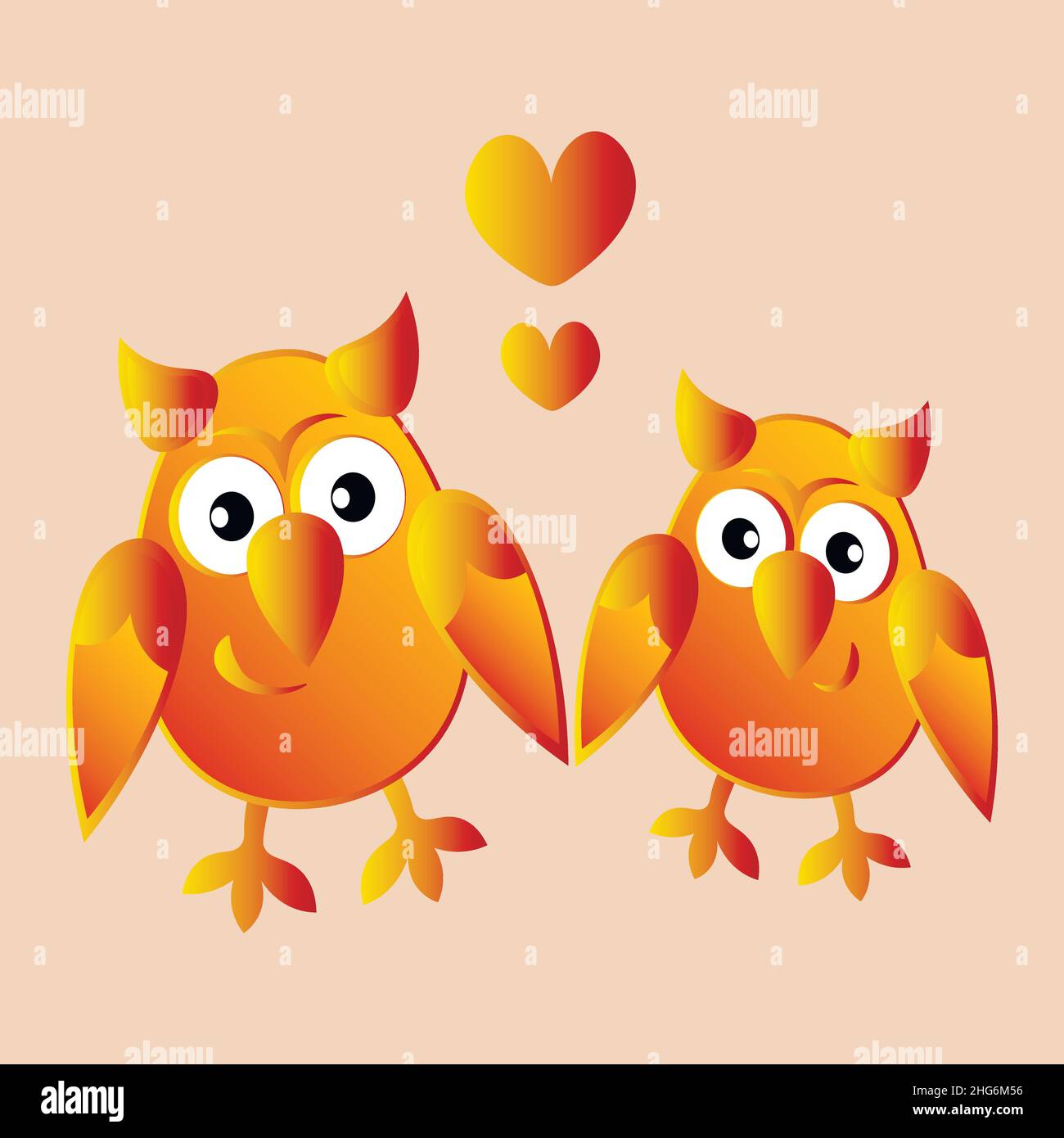 Illustration on a square background - two owls in love with hearts ...