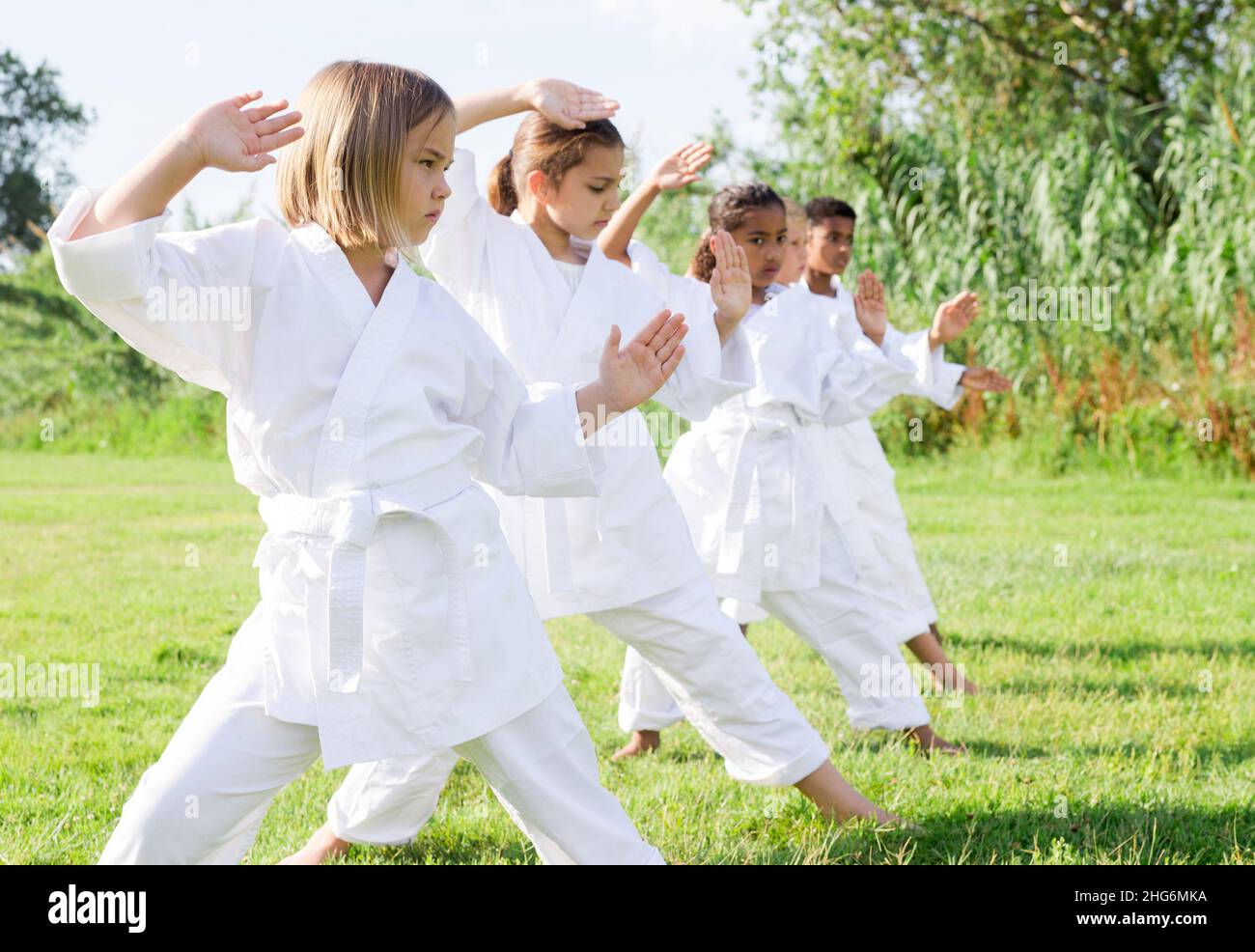 Group of young children doing karate kicks during karate class in park ...