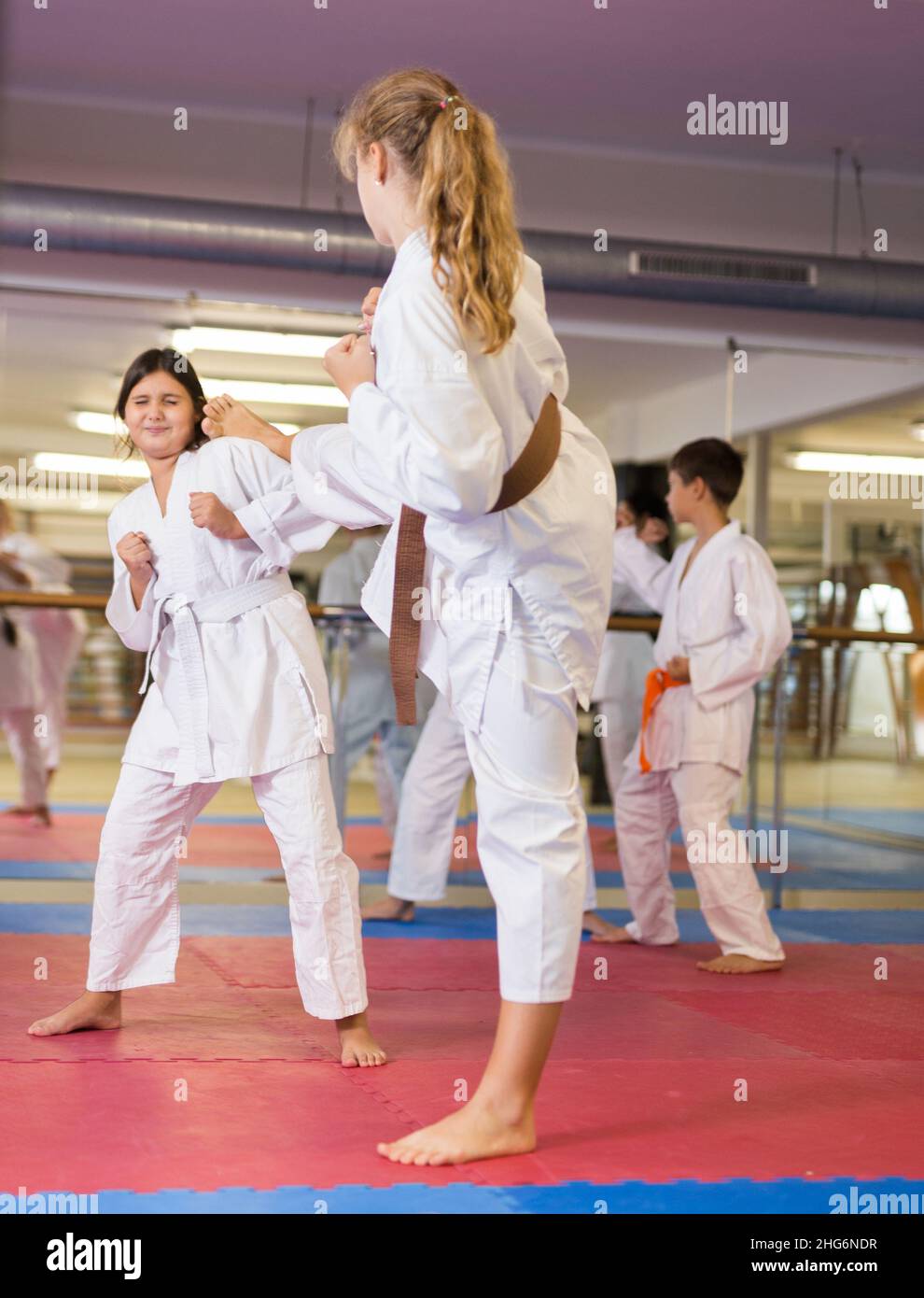 Teenager girls practicing karate in pairs Stock Photo - Alamy