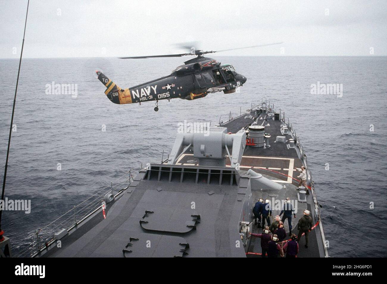 SH-2F of HSL-31 over USS Jouett (CG-29) in 1989 Stock Photo - Alamy