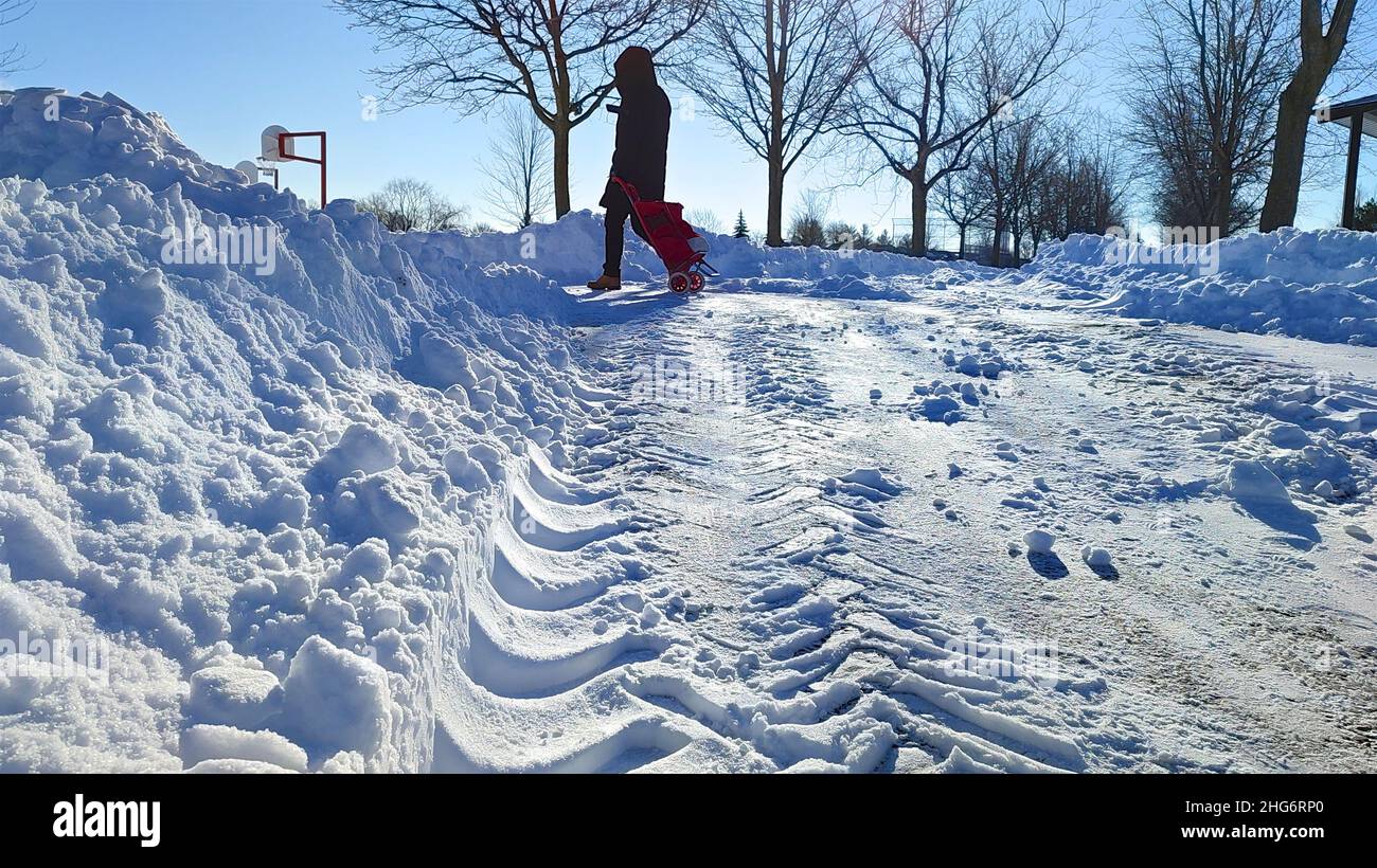Women walking with a shopping trolley after a snowstorm in winter Stock ...