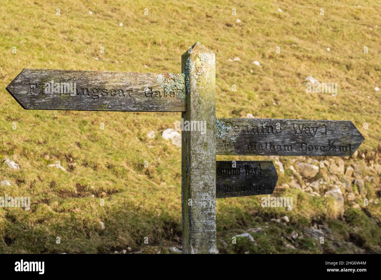 15.01.2021 Malham, North Yorkshire, UK Fingerpost sign point the way ...