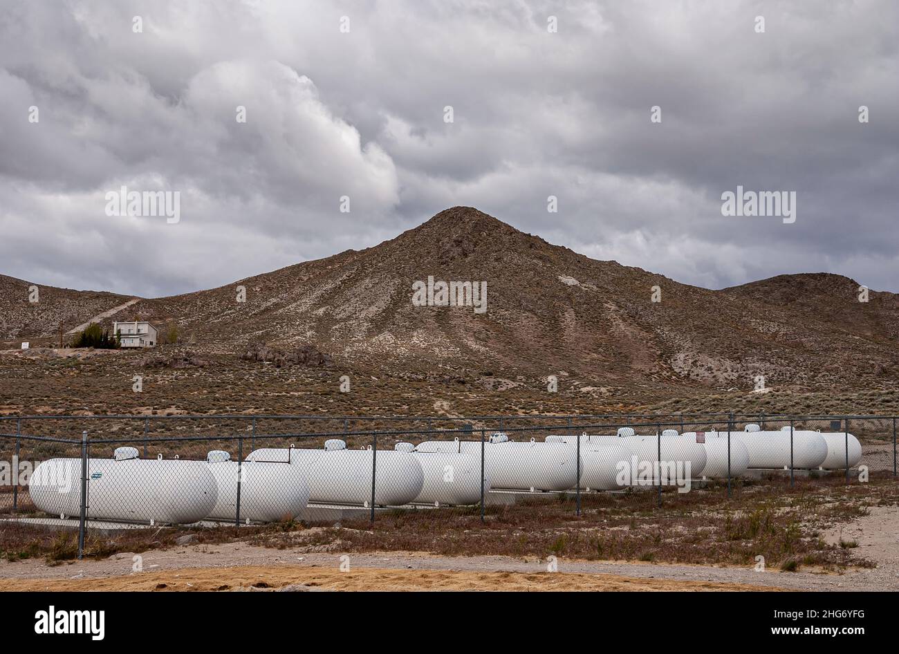 Tonopah, Nevada, US - May 19, 2011: Row of horizontal gas tanks behind ...