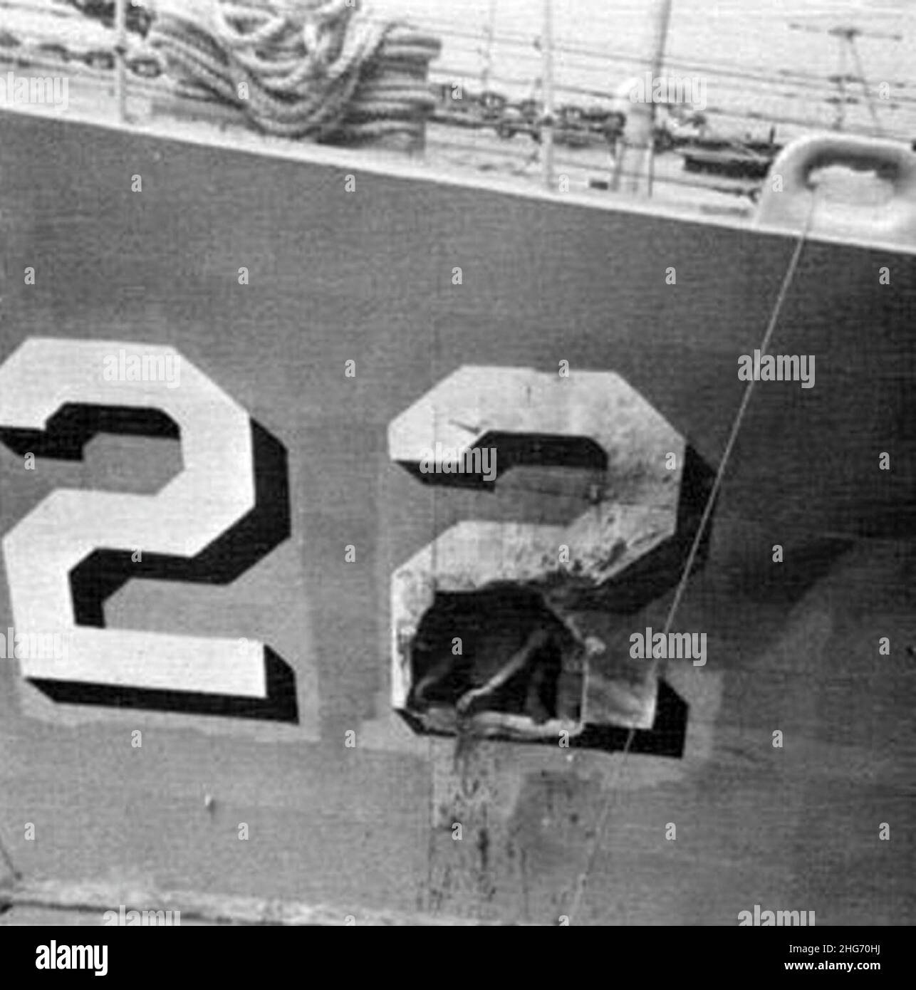 Shell damage aboard USS Benjamin Stoddert (DDG-22), in April 1972 Stock ...