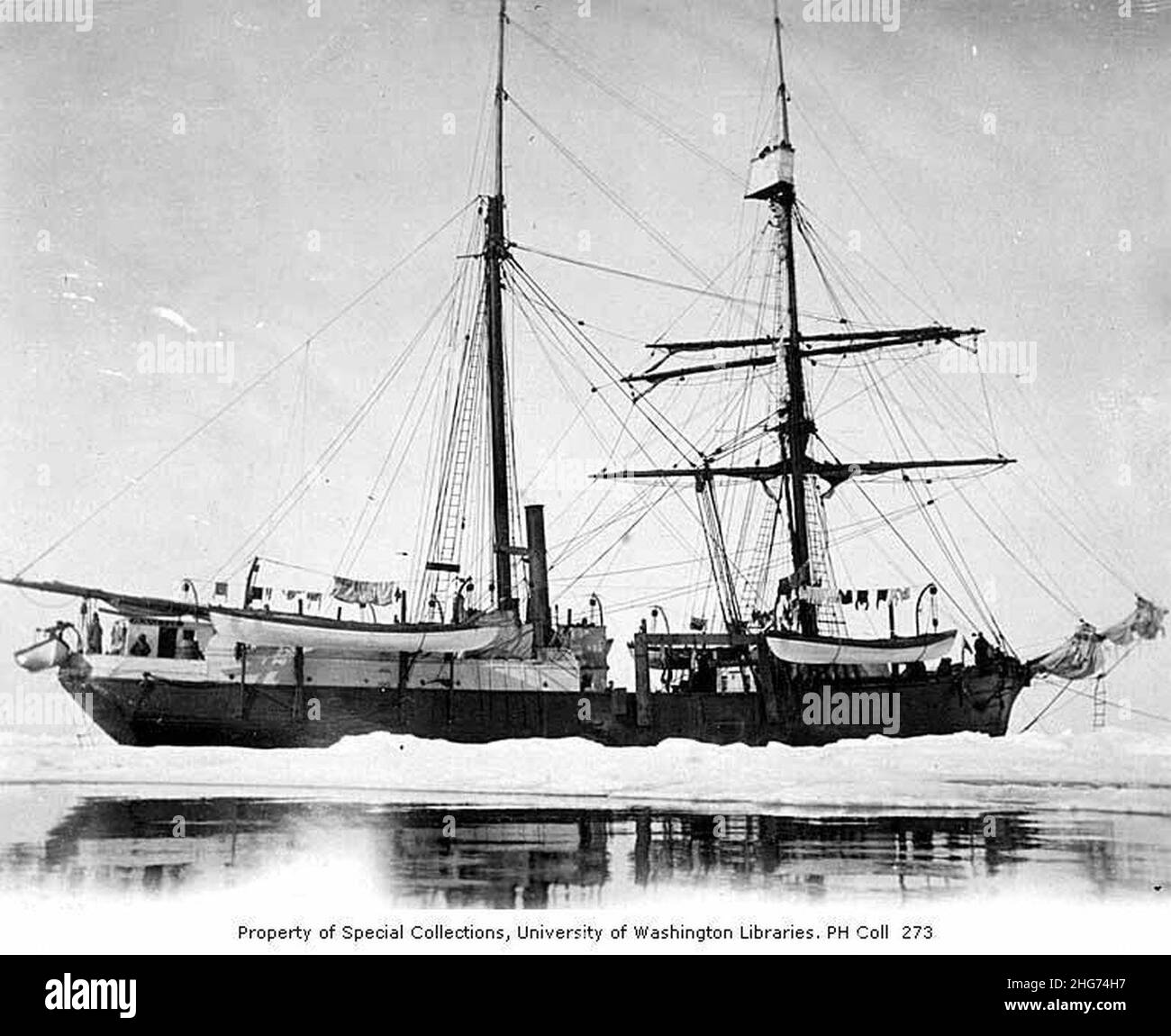 Ship caught in ice with laundry hung on deck, location unknown, ca 1899 ...