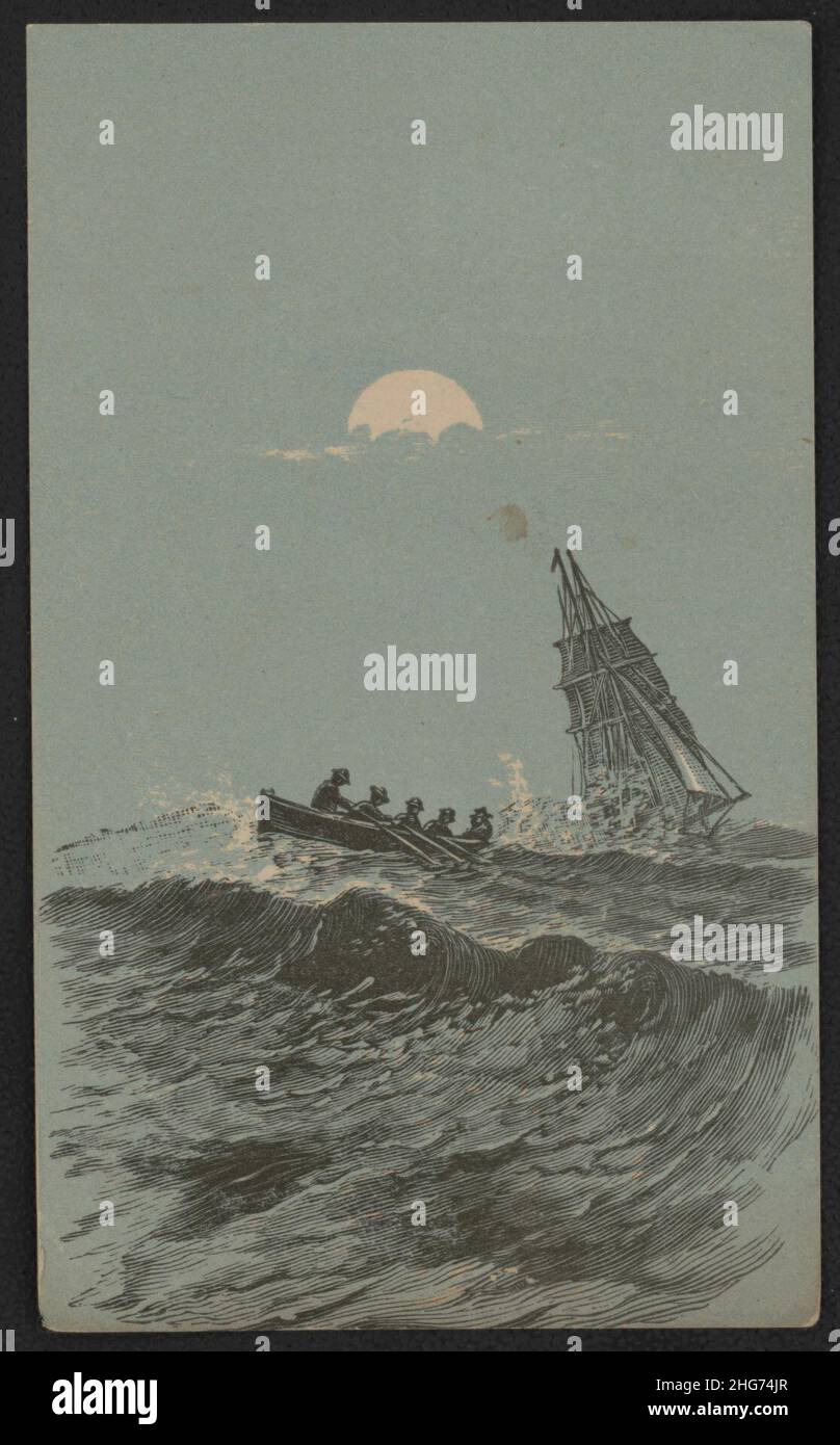 Ship at sea, under full sail, with five men in a rowboat under a ...