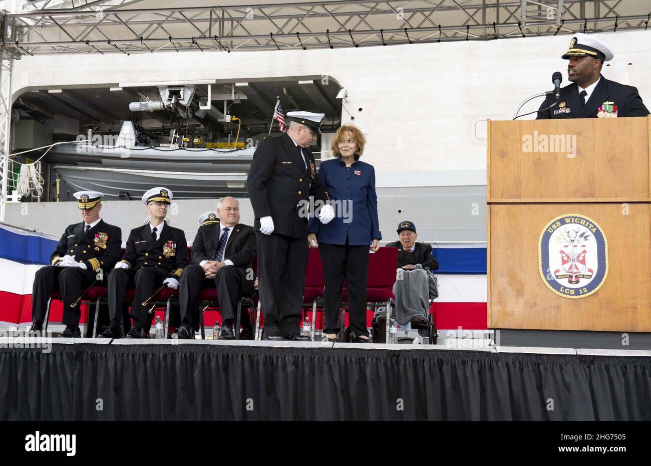 Ship sponsor of USS Wichita (LCS-13) preparing to give remarks at ship ...