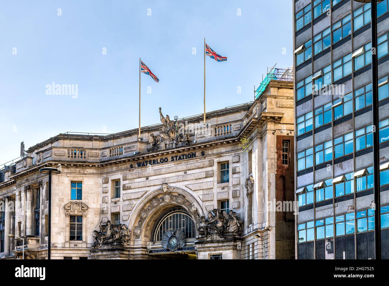 London, UK sign for Waterloo train station historic architecture ...