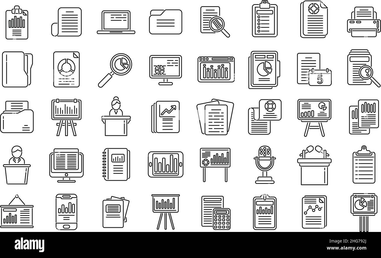 Report icons set outline vector. Performance chart. Data document Stock ... Report icons set outline vector. Performance chart. Data document Stock ...