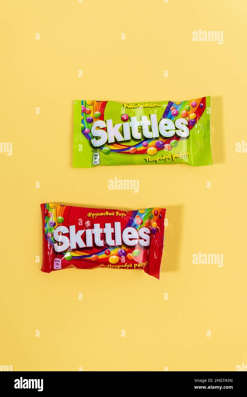 Tyumen, Russia-December 27, 2021: Skittles is a fruit flavoured sweets ...