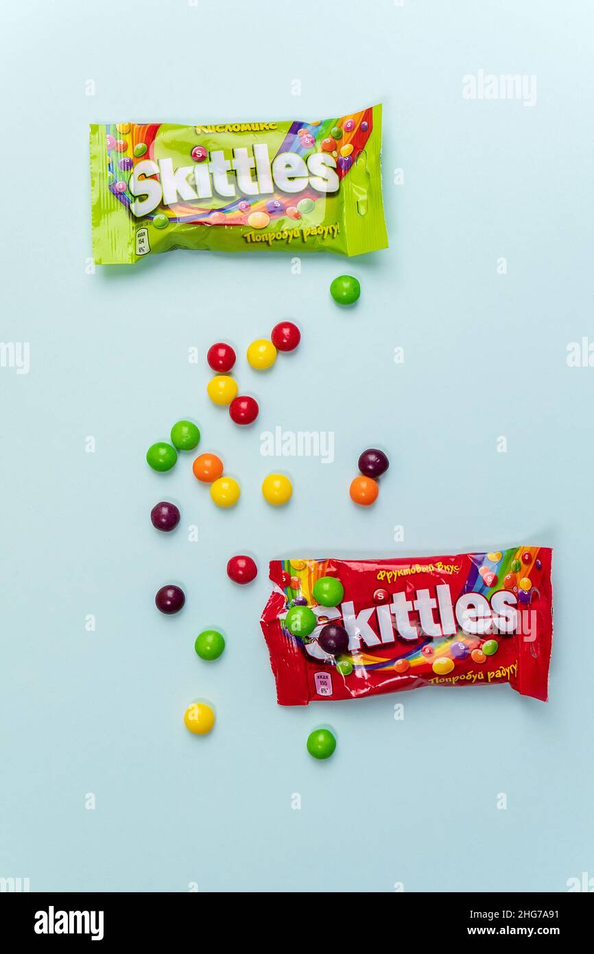Tyumen, Russia-December 27, 2021: Skittles is a fruit flavoured sweets ...