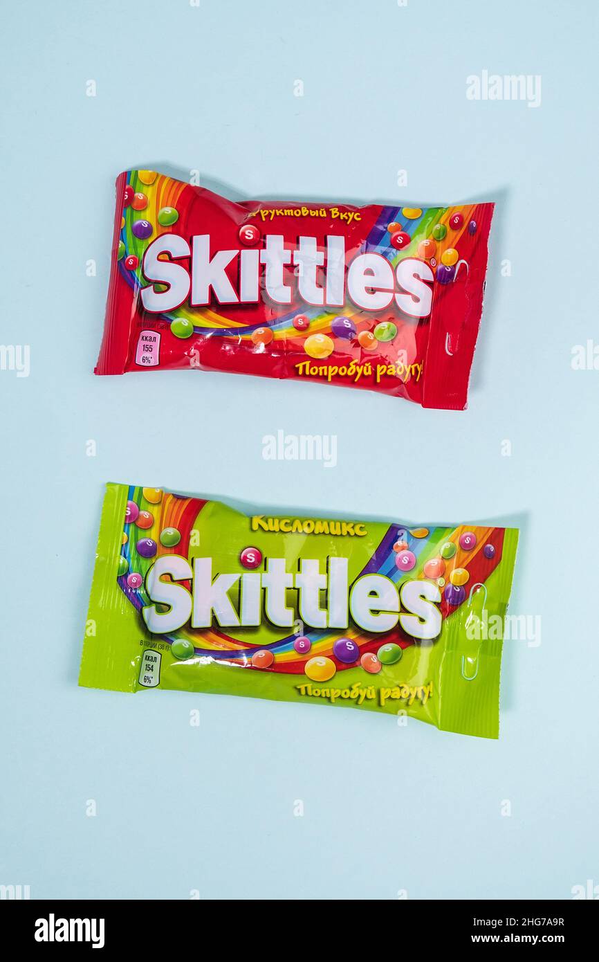 Tyumen, Russia-December 27, 2021: Skittles is a fruit flavoured sweets ...
