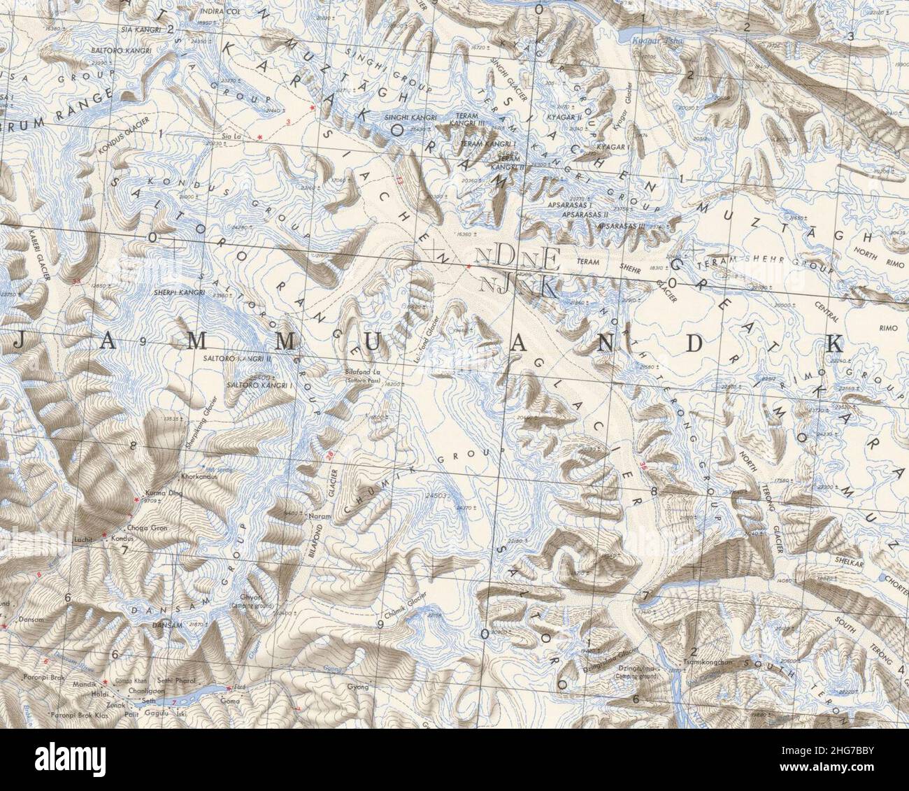 Siachen Glacier map detail, from- Map India and Pakistan 1-250,000 Tile ...