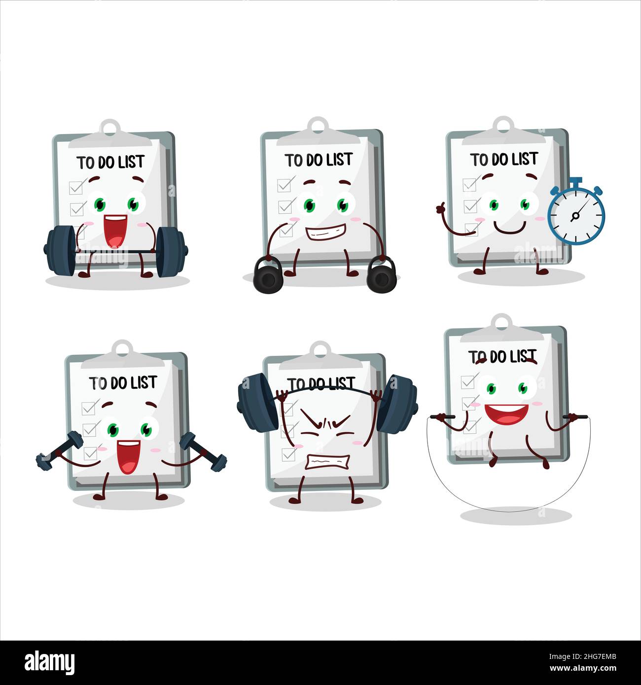 A healthy paper sheet with clipboard cartoon style trying some tools on ...