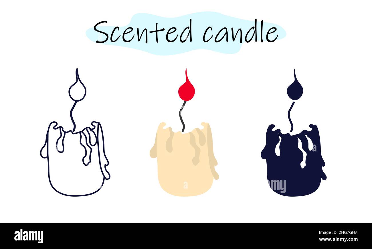Scented candle with flowing wax and fire. Vector illustration in color ...