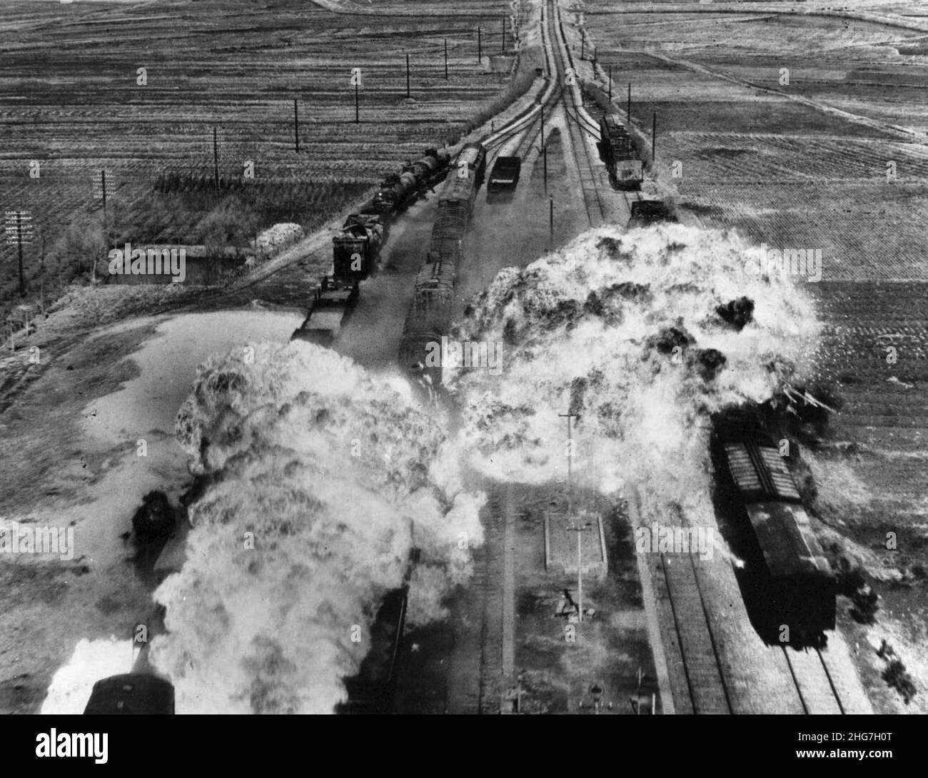 A train being strafed and set on fire during the Korean war Stock Photo ...