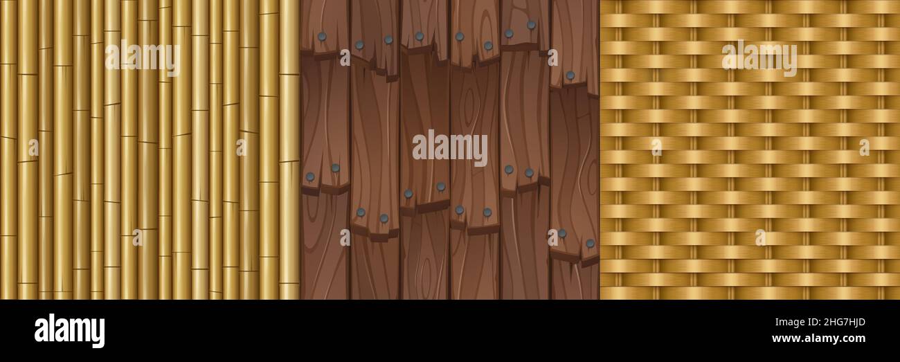 Textures with wooden boards, bamboo sticks and wicker. Vector cartoon ...