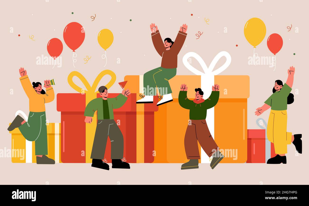 Birthday party with group of happy people, big gift boxes, confetti and balloons. Vector flat ...