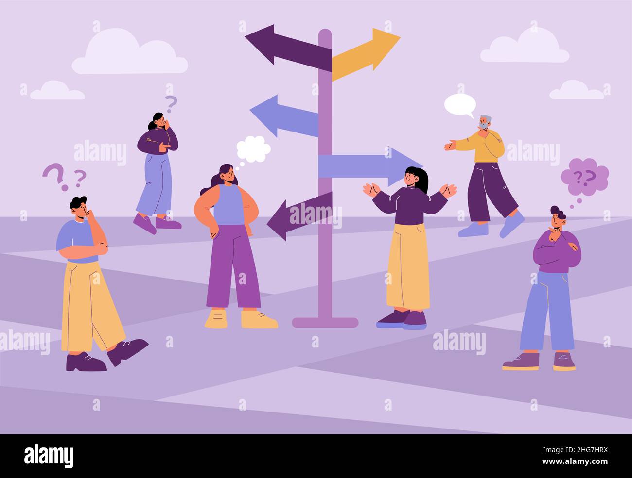 Pensive people thinking on crossroad with direction sign. Vector flat set of doubt, confused and ...