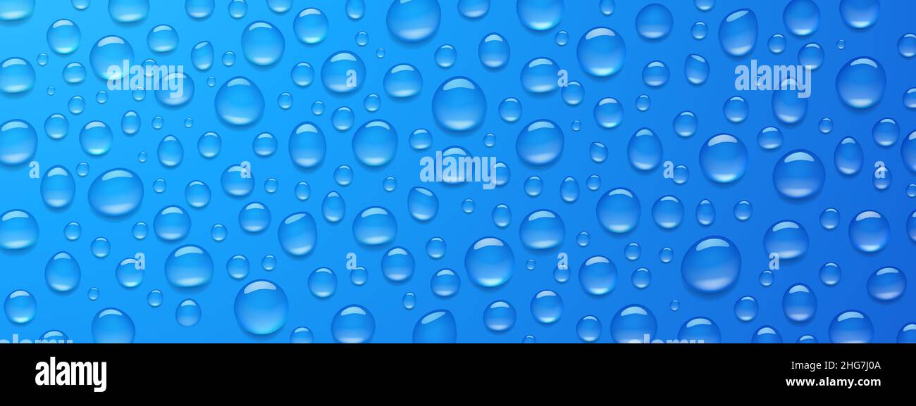 Condensation water drops on blue background. Rain droplets with light reflection on window ...