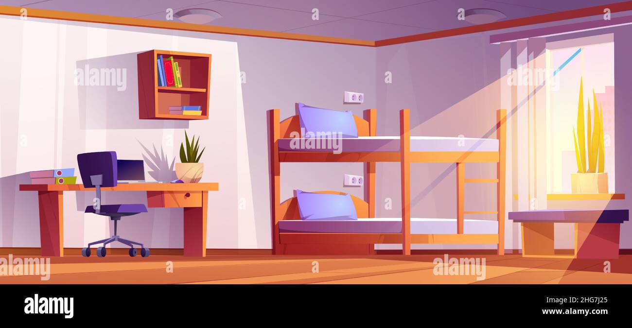 Student dormitory room with bunk, laptop on desk, office chair and ...