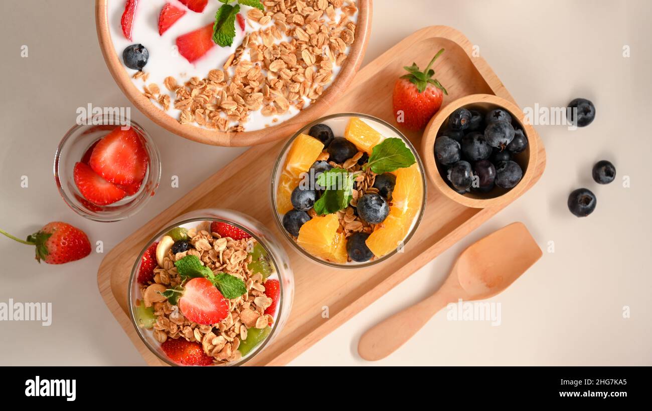 Healthy yoghurt bowl with fresh and organic fruits concept, yoghurt ...