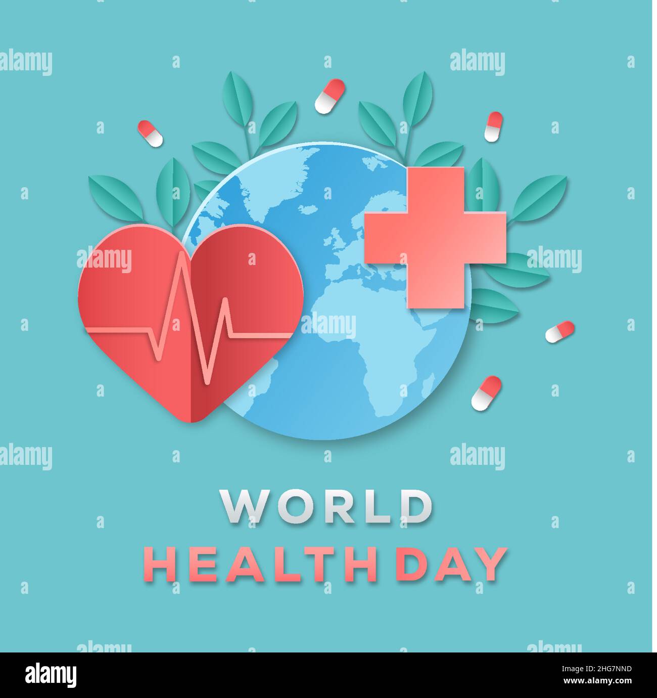 world health day design with planet, plants, heart, and pills in paper ...