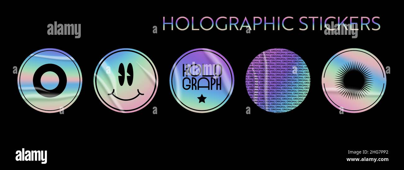 Holographic stickers set. Geometric shapes label with rainbow hologram ...