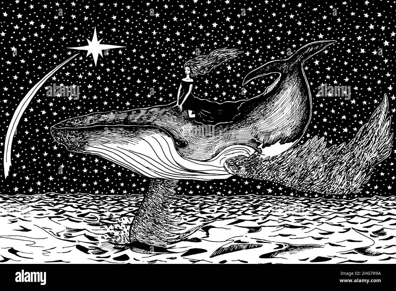 Girl Flying On The Whale Ink Illustration Stock Photo - Alamy