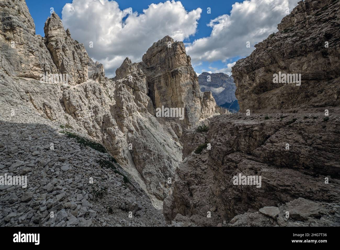 Italian alpine hiking trail in Dolomite Alta via, Trentino, Sud Tyrol ...