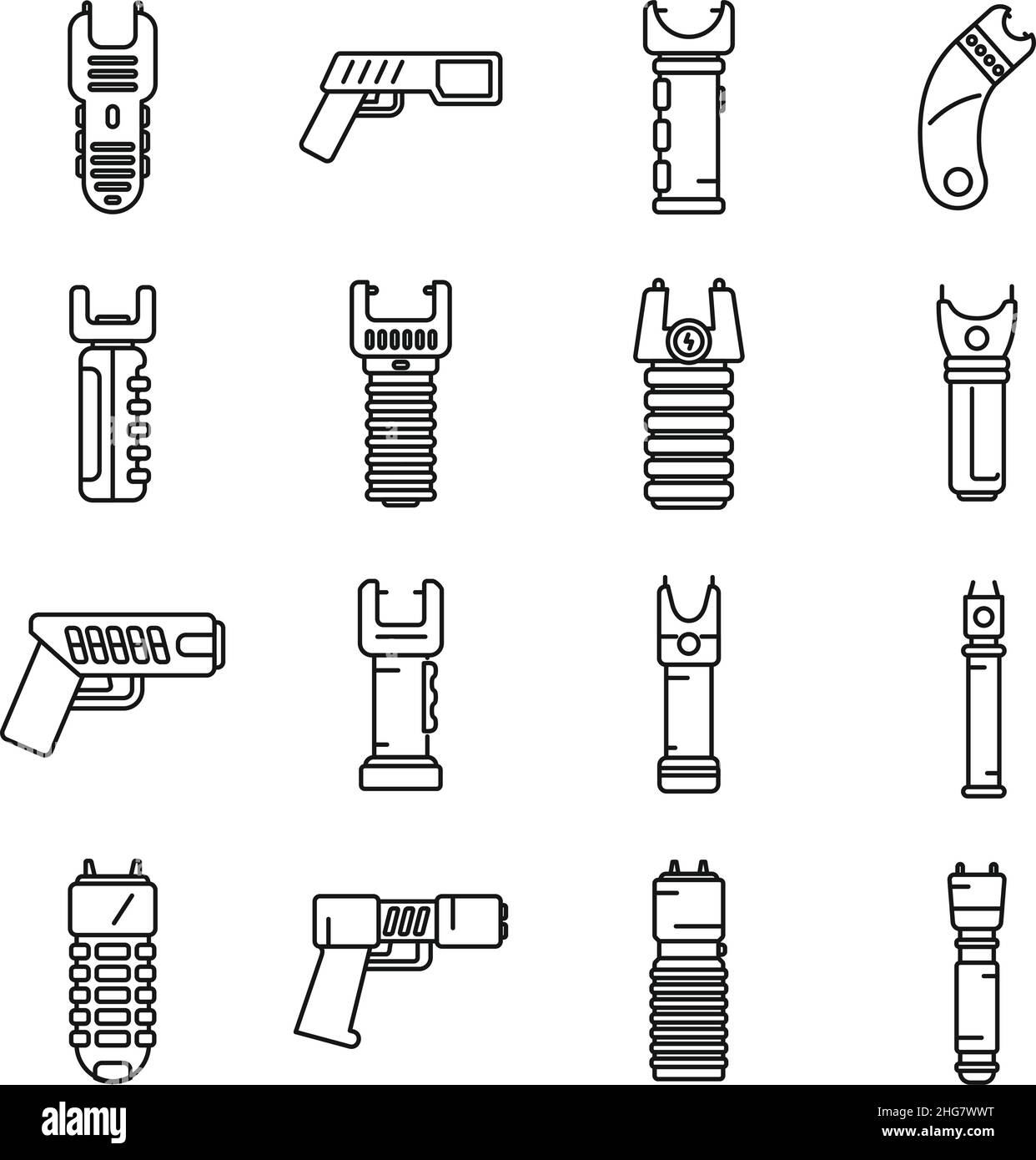 Taser icons set outline vector. Police gun. Safety stun electroshock ...